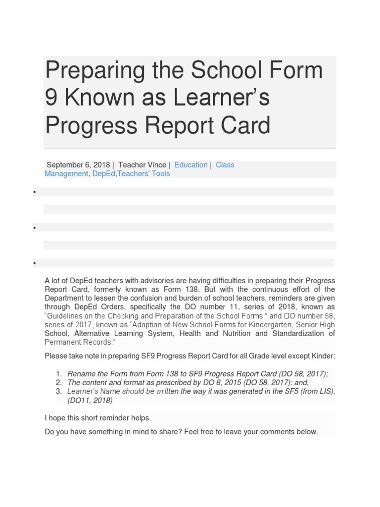 Preparing The School Form 9 Known As Learner | PDF | Curriculum ...