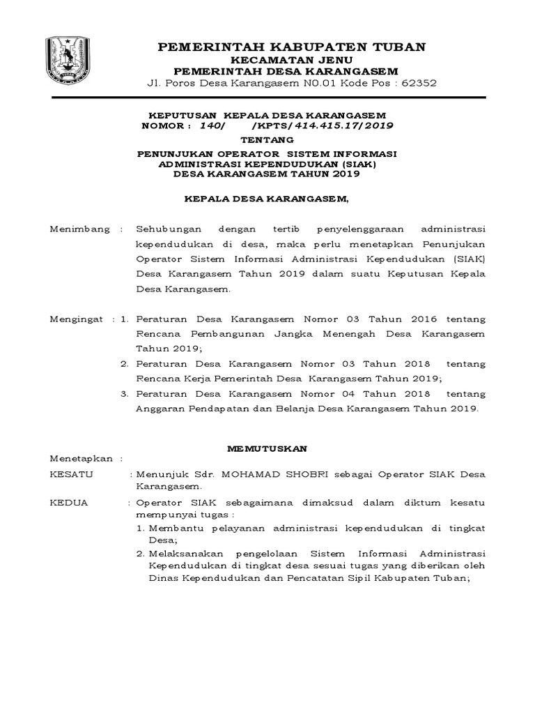 Contoh SK Operator Siak | PDF