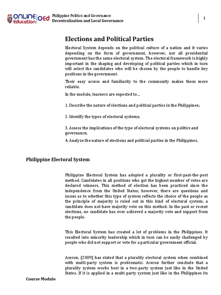 Elections and Political Parties: Philippine Electoral System | PDF ...
