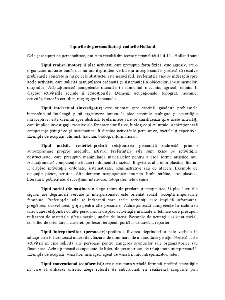 Tipurile de Personalitate Şi Codurile Holland | PDF