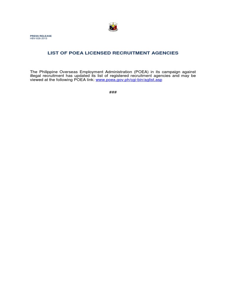 POEA Licensed Recruitment Agencies | PDF