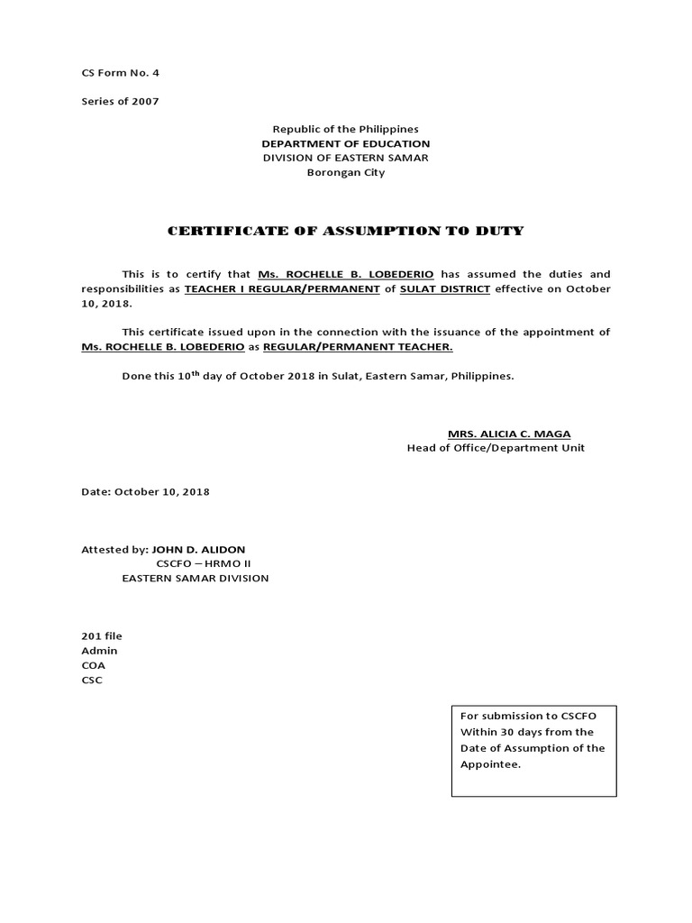 Assumption To Duty | PDF