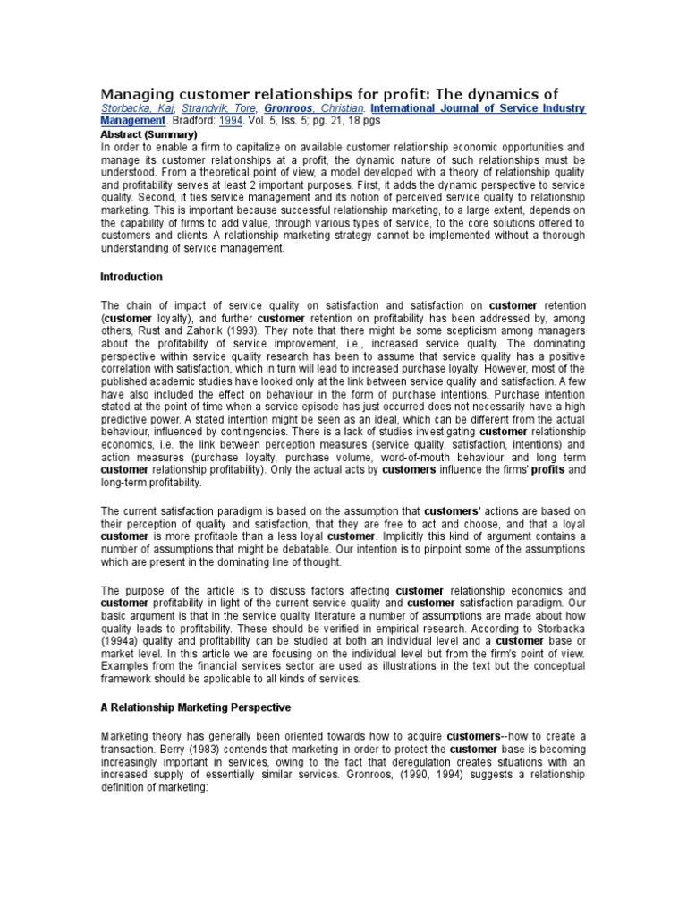 Managing Customer Relationships For Profit: The Dynamics Of: Storbacka ...