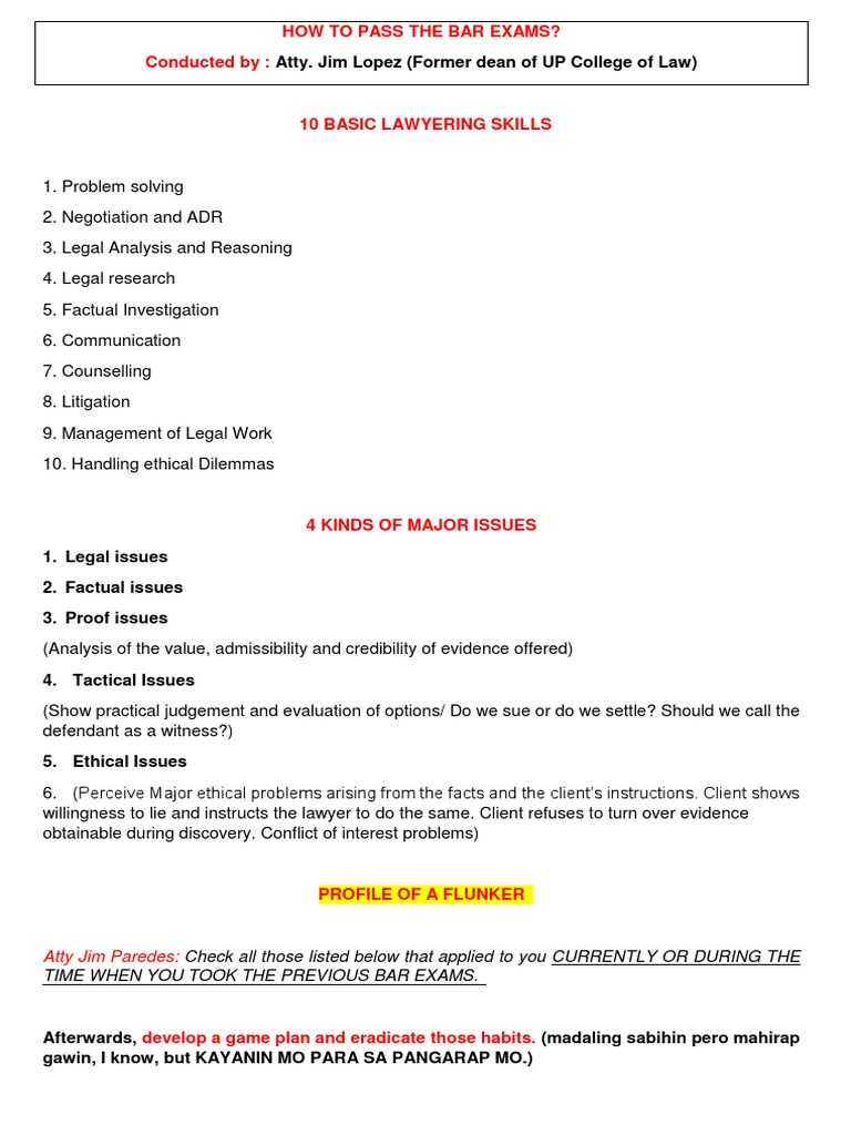 How To Pass The Bar Exam Seminar by Atty Jim Lopez of Up Law | PDF ...