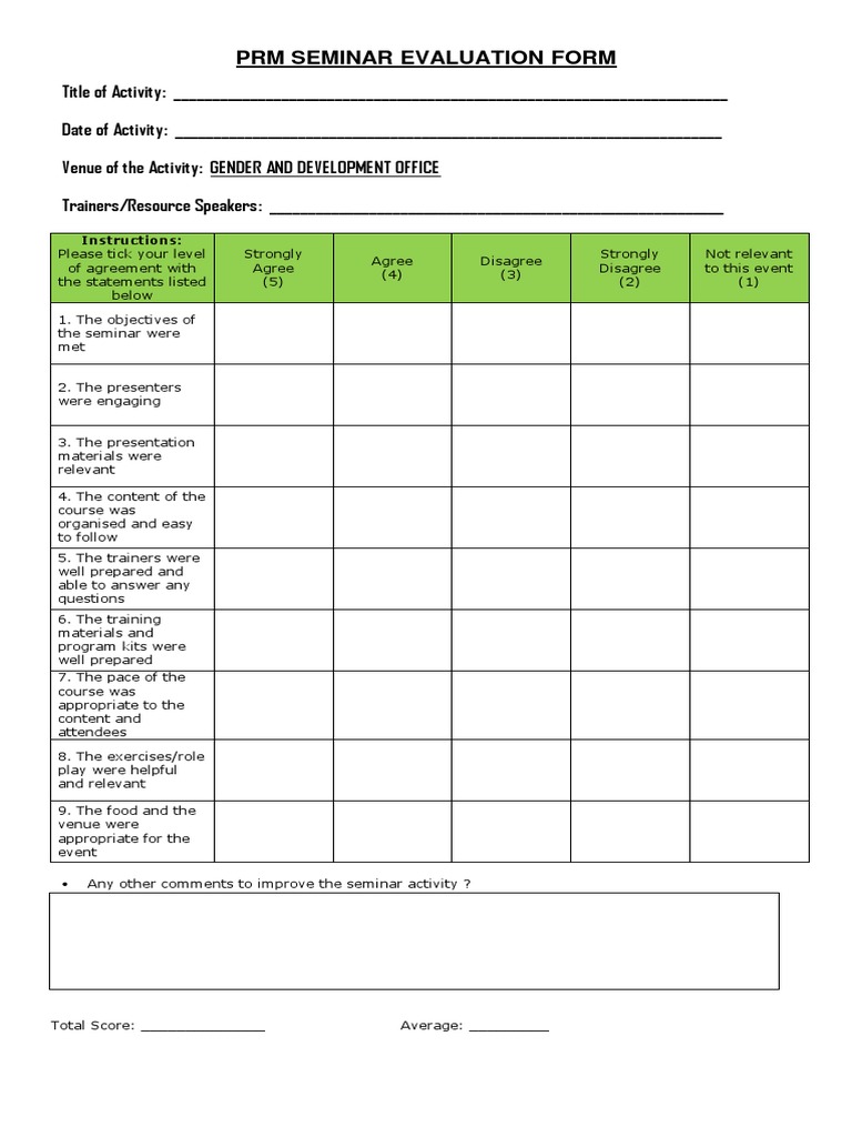PRM Seminar Evaluation Form: Instructions | PDF