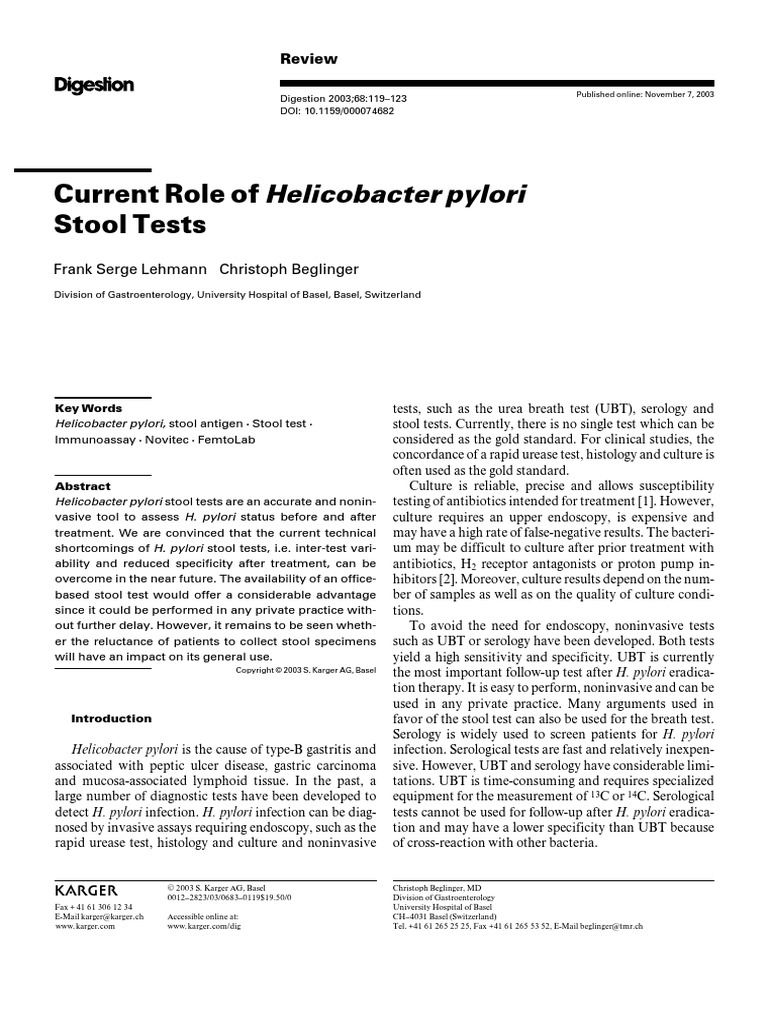 Helicobacter Pylori: Current Role of Stool Tests | PDF | Human Feces ...