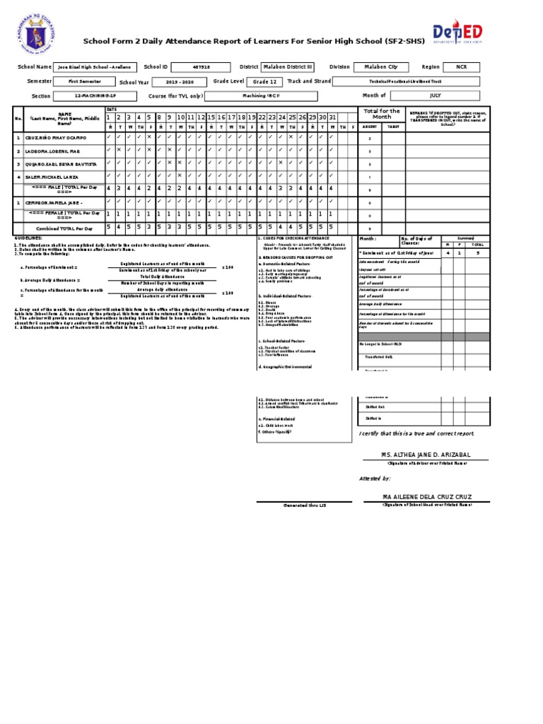 School Form 2 Daily Attendance Report of Learners For Senior High ...