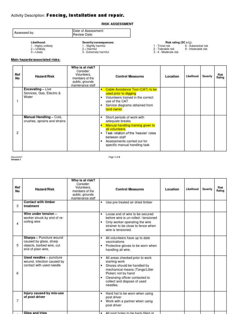Fencing Installation Risk Assessment | PDF | Personal Protective ...