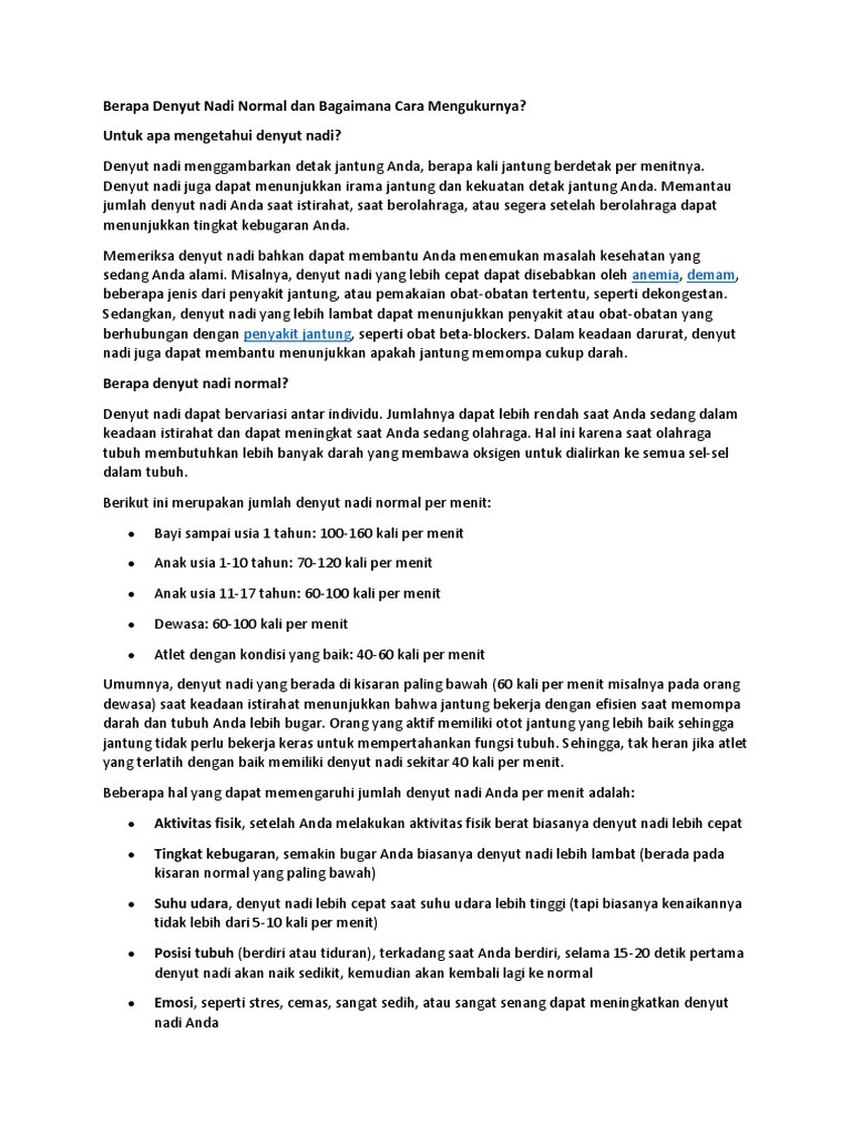Berapa Denyut Nadi Normal Dan Bagaimana Cara Mengukurnya | PDF