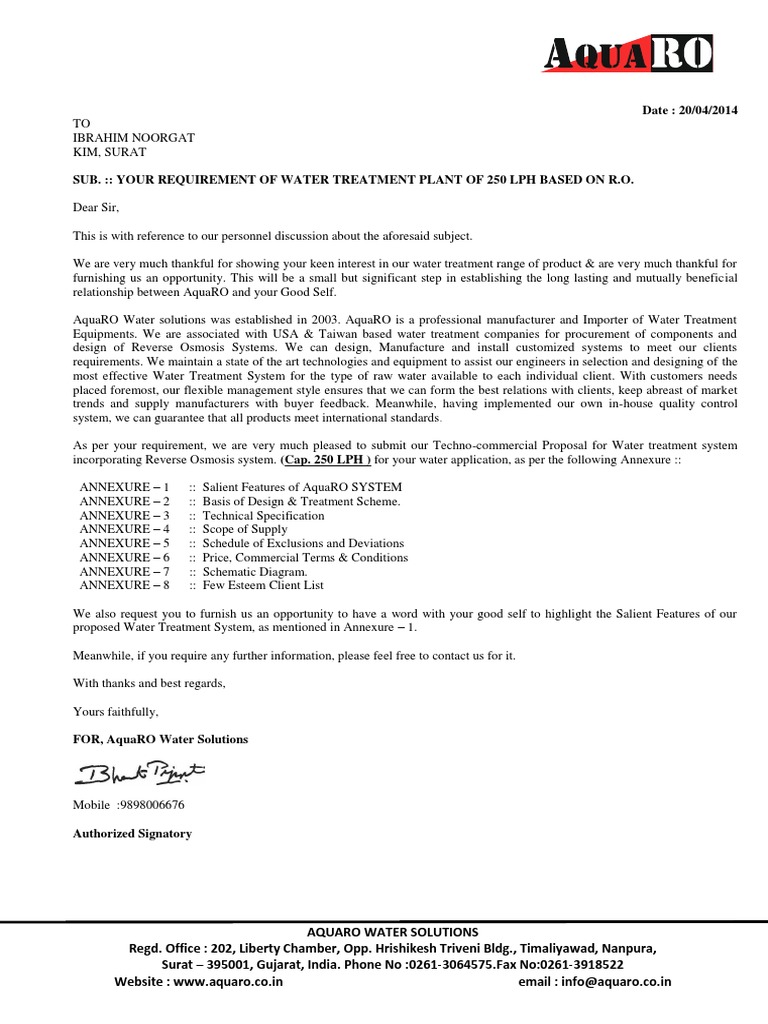 250 LPH RO Plant Quotation Proposal | PDF | Water Treatment | Pump