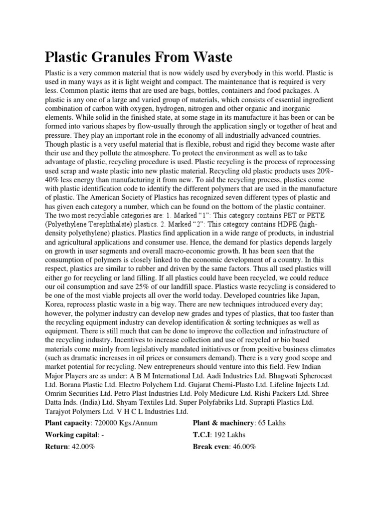 Plastic Granules From Waste | PDF | Plastic | Recycling