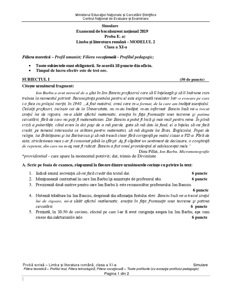 Model de Subiect Pentru Simulare Limba Romana 2 | PDF