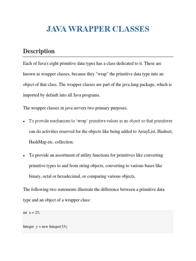 Java Wrapper Classes | PDF | Integer (Computer Science) | Data Type Java Wrapper Classes | PDF | Integer (Computer Science) | Data Type
