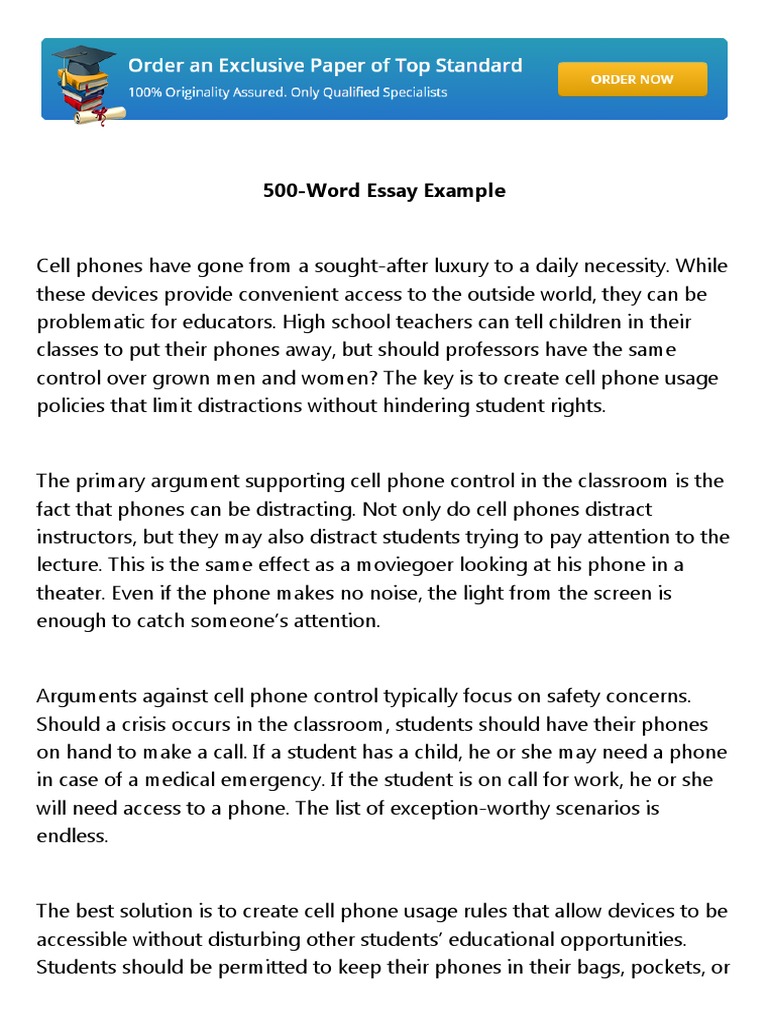500 Word Essay Example | Download Free PDF | Classroom | Mobile Phones