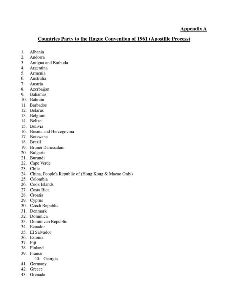Appendix A Countries Party To The Hague Convention of 1961 (Apostille ...