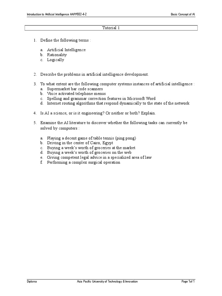 Tutorial 1 Basic Concepts of AI | PDF