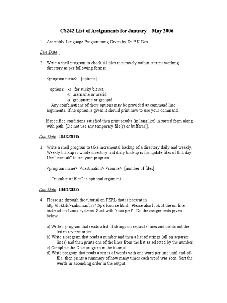 CS242 List of Assignments For January - May 2006: Due Date | PDF ...