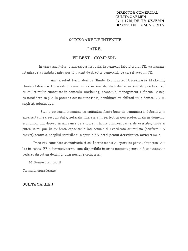 Scrisoare de Intentie Catre, Fe Best - Comp SRL | PDF