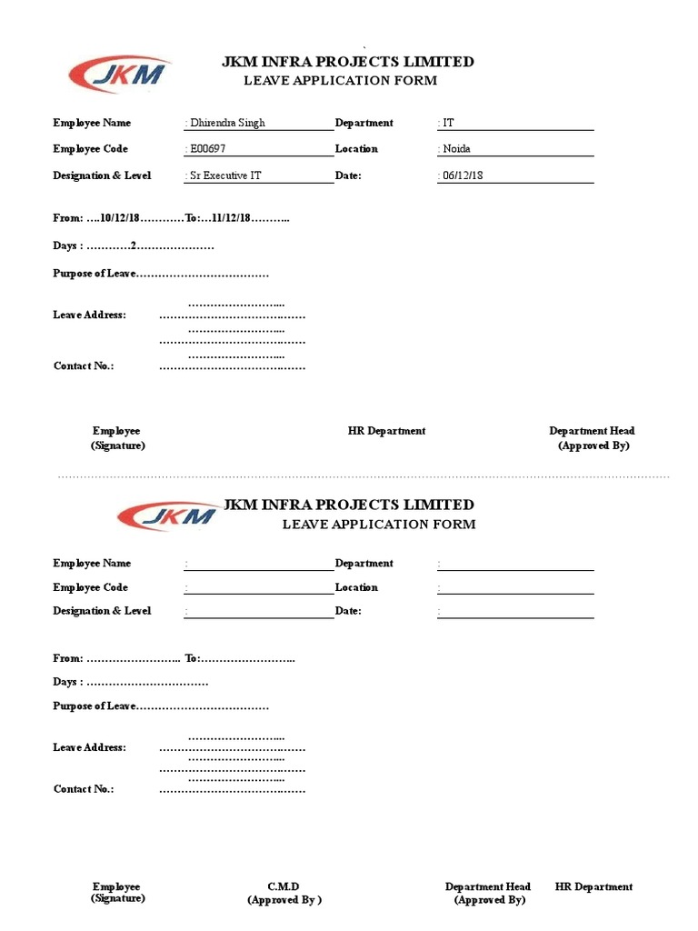 JKM Infra Projects Limited: Leave Application Form | PDF | Computers