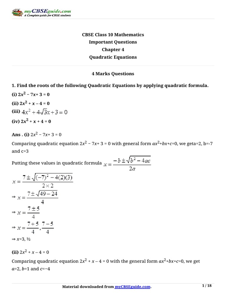 10 Math Imp ch4 4 | PDF | Quadratic Equation | Area