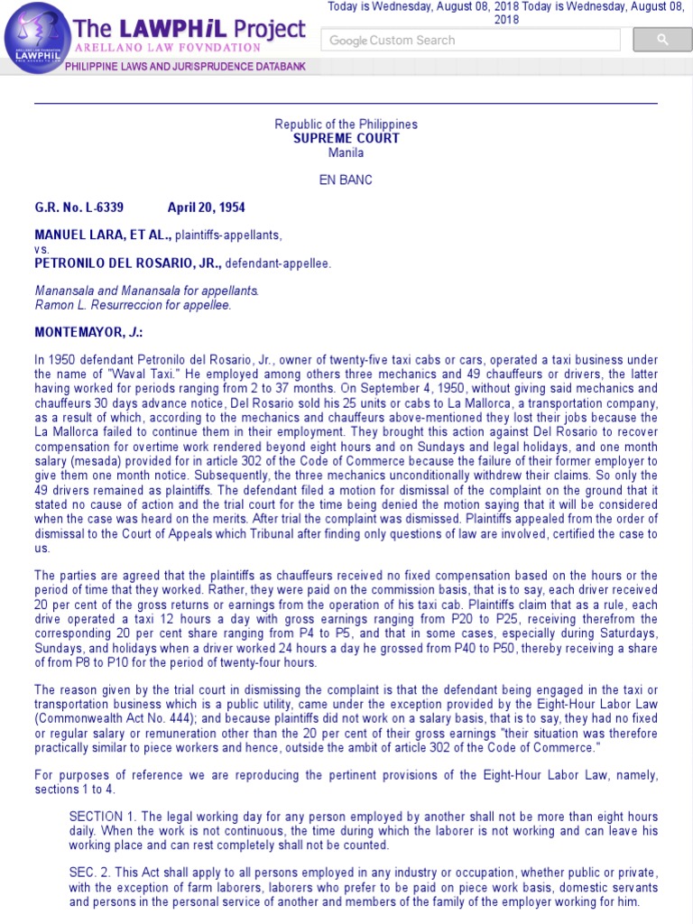 1.1 Lara vs. Del RosarioG.R. No. L 6339 | PDF | Overtime | Piece Work