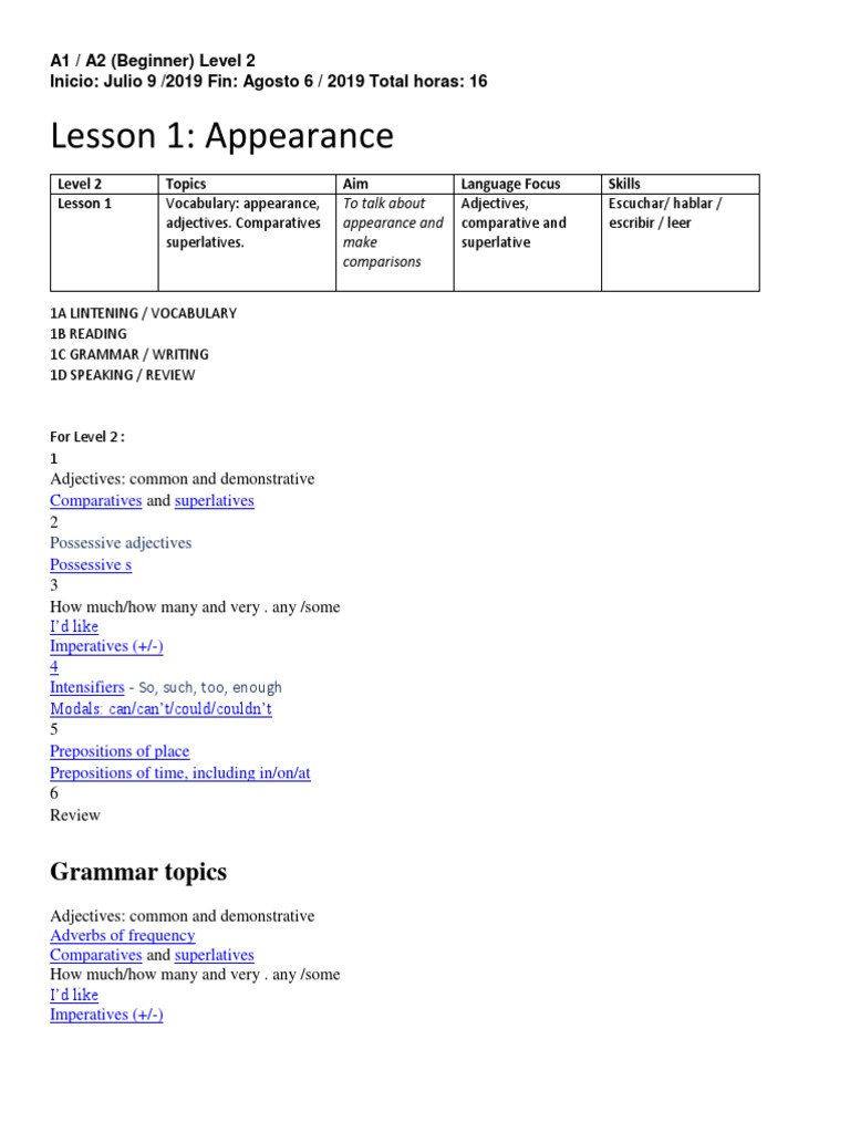 Lesson 1: Appearance: Grammar Topics | PDF