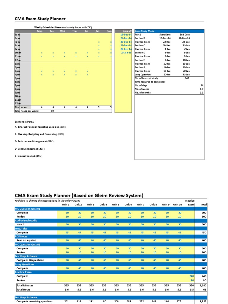 CMA Exam Study Planner: Mon Tue Wed Thu Fri Sat Sun Days of Basic Study ...