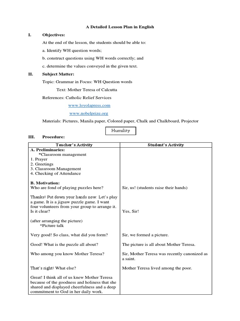 WH Question Lesson Plan | PDF | Mother Teresa | Question
