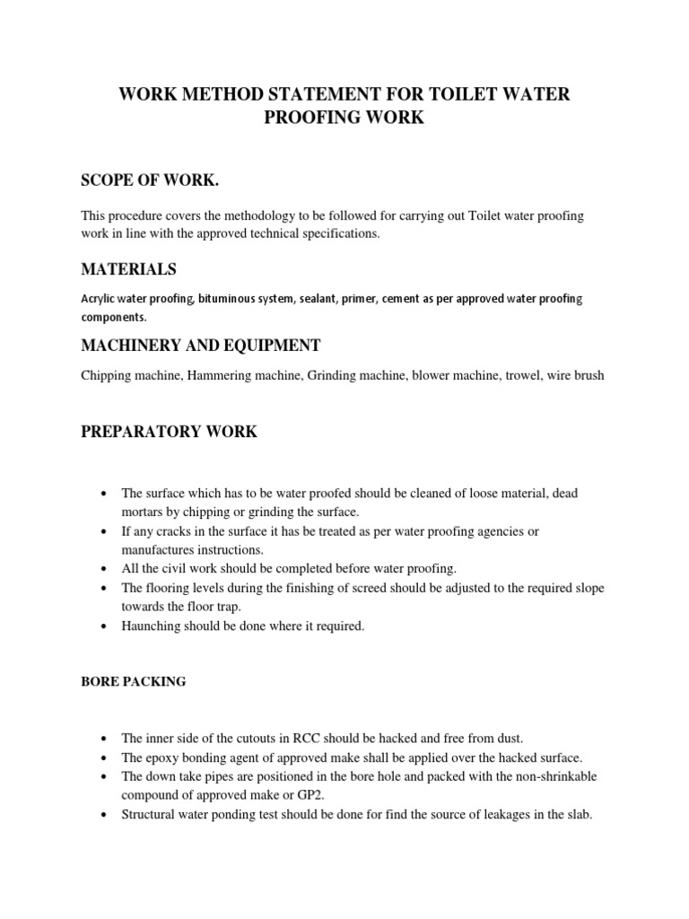 Work Method Statemnet For Waterproofing Work | PDF | Water | Concrete