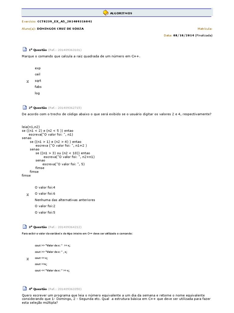 Exercicios algoritmos | Algoritmos | C