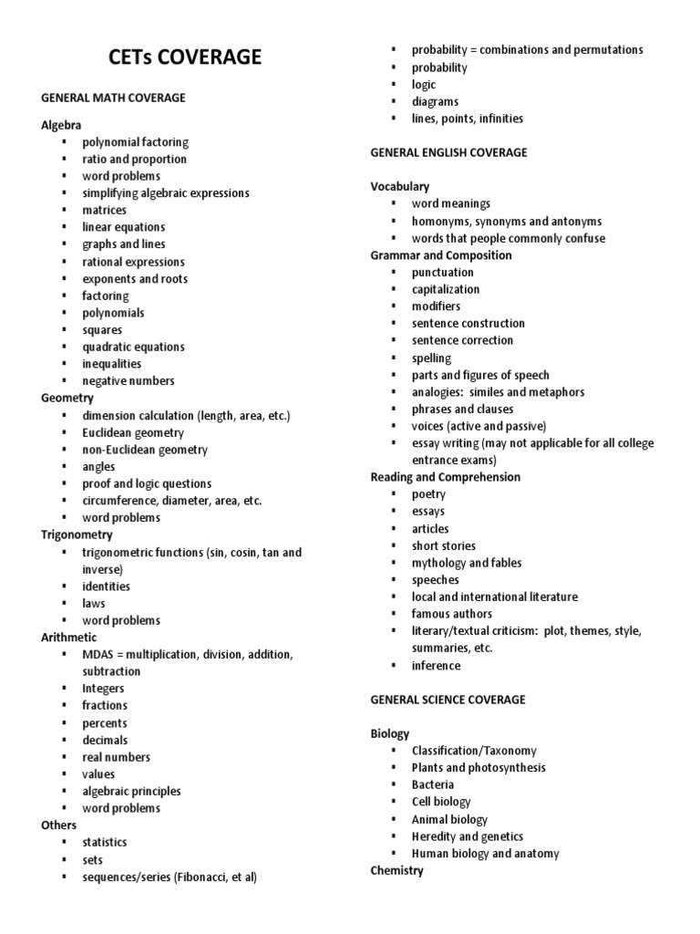 Cets Coverage: General Math Coverage Algebra General English Coverage ...