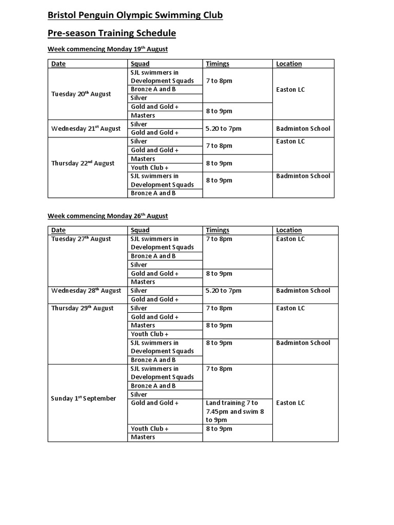 Pre-Season Training Schedule Aug 2019 | PDF | National Sports Teams ...