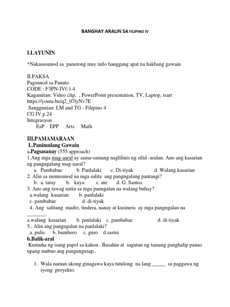 Banghay Aralin Sa Filipino IV | PDF