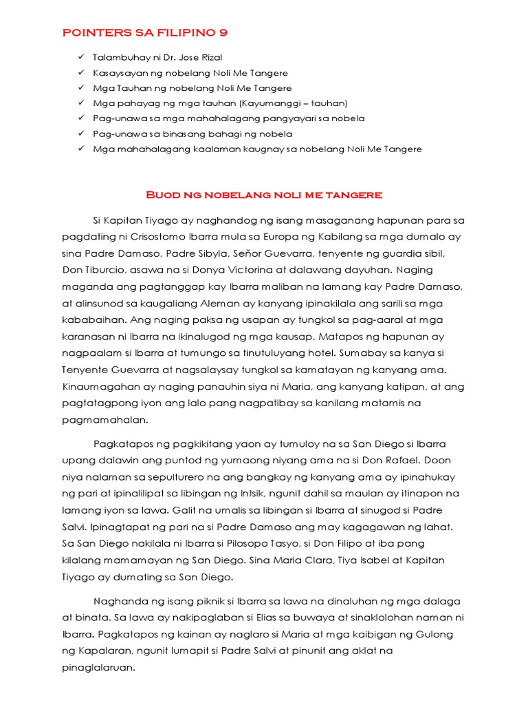 Buod NG Nobelang Noli Me Tangere at Pointers Sa Filipino 9 | PDF