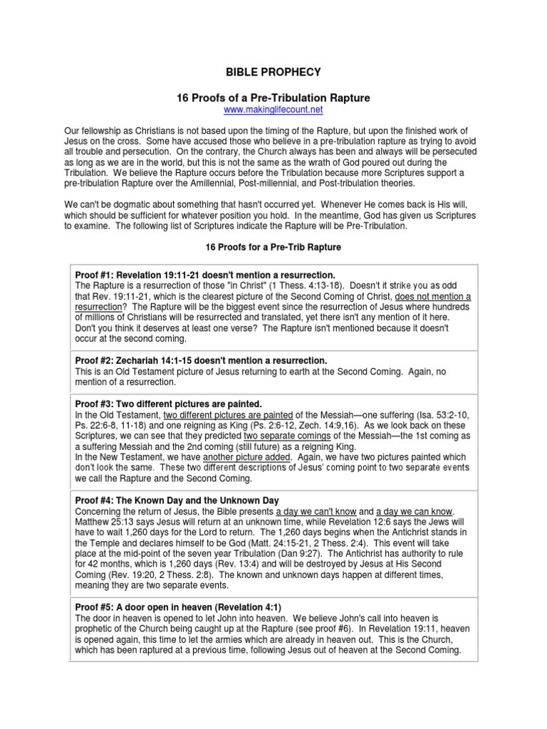 16 Proofs Of A Pre Trib Rapture Pdf Rapture Great Tribulation