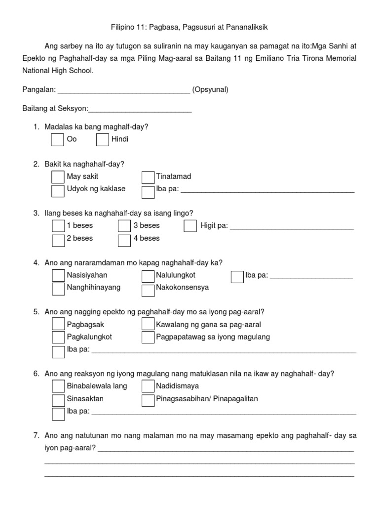 Sarbey Sa Filipino 11 | PDF