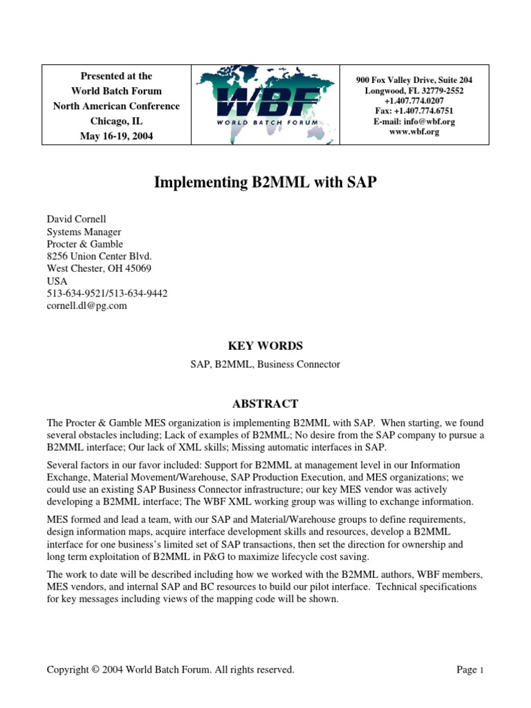 WBF Implementing B2MML | PDF | Enterprise Resource Planning | Sap Se