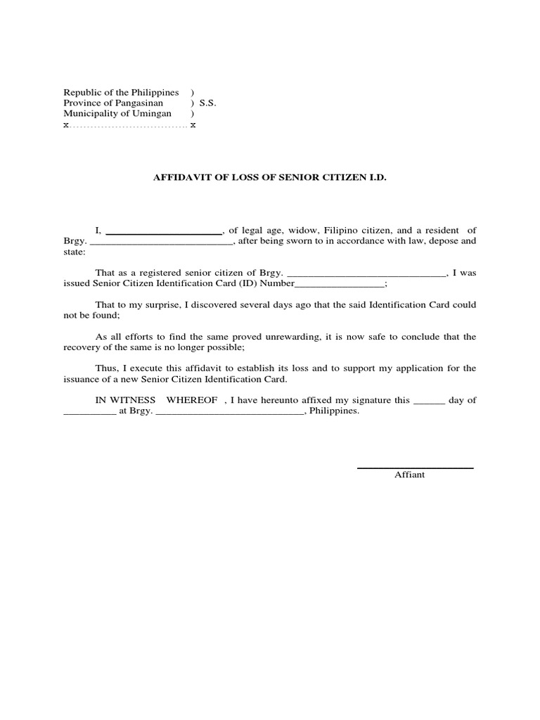 Affidavit of Loss Senior Citizen ID | PDF