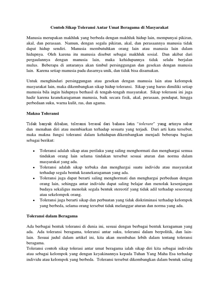 Contoh Sikap Toleransi Antar Umat Beragama Di Masyarakat | PDF | Ilmu Sosial | Agama & Spiritualitas