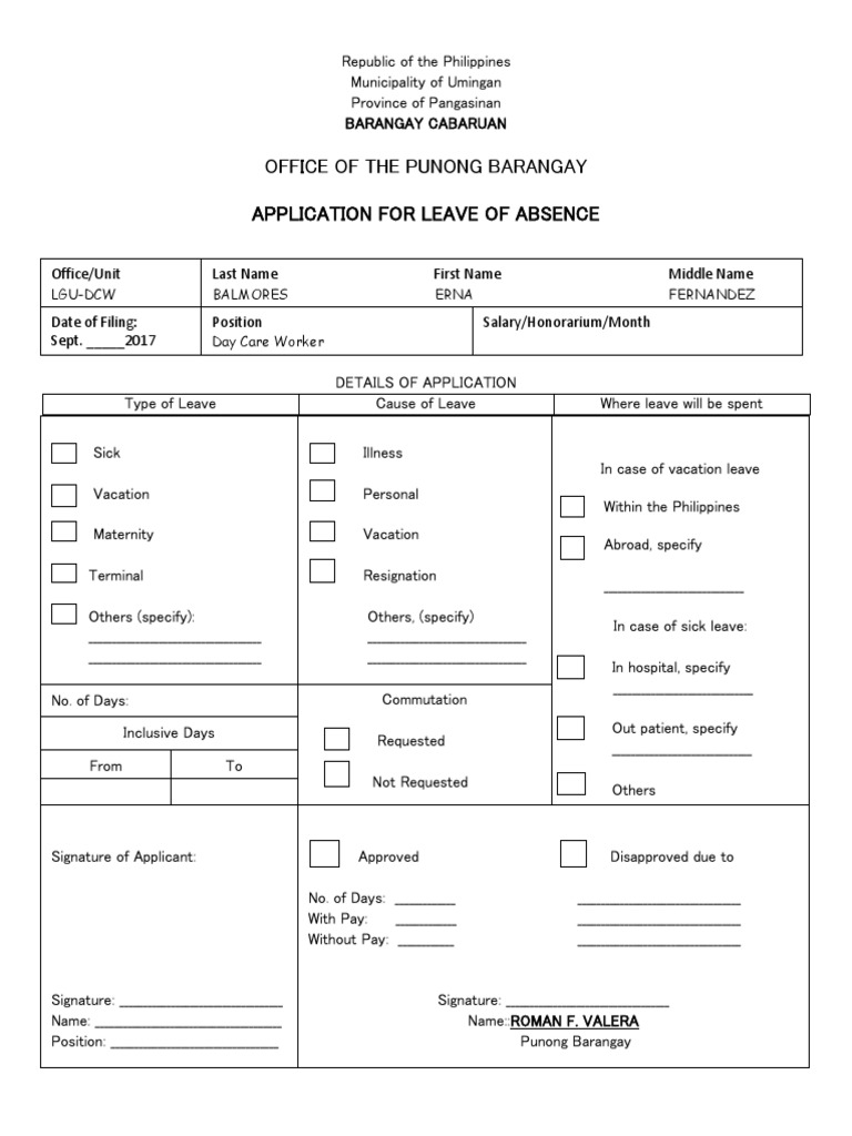 Office of The Punong Barangay Application For Leave of Absence | PDF ...