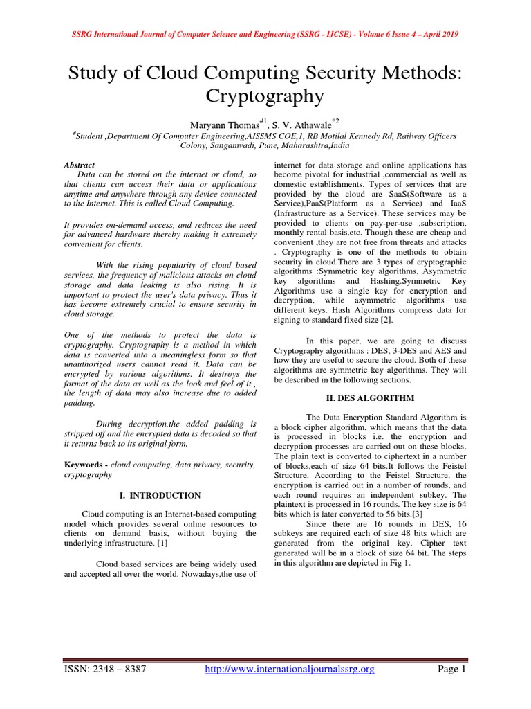 Study of Cloud Computing Security Methods: Cryptography: Maryann Thomas, S. V. Athawale | PDF ...