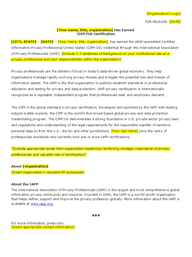 CIPP-US PR Toolkit Release Template 2019 SG | PDF | Privacy ...