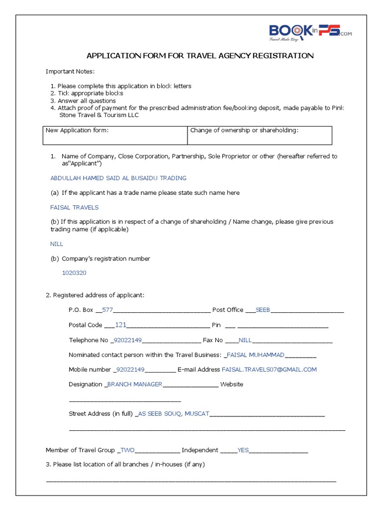 Application Form For Travel Agency Registration | PDF | Written ...