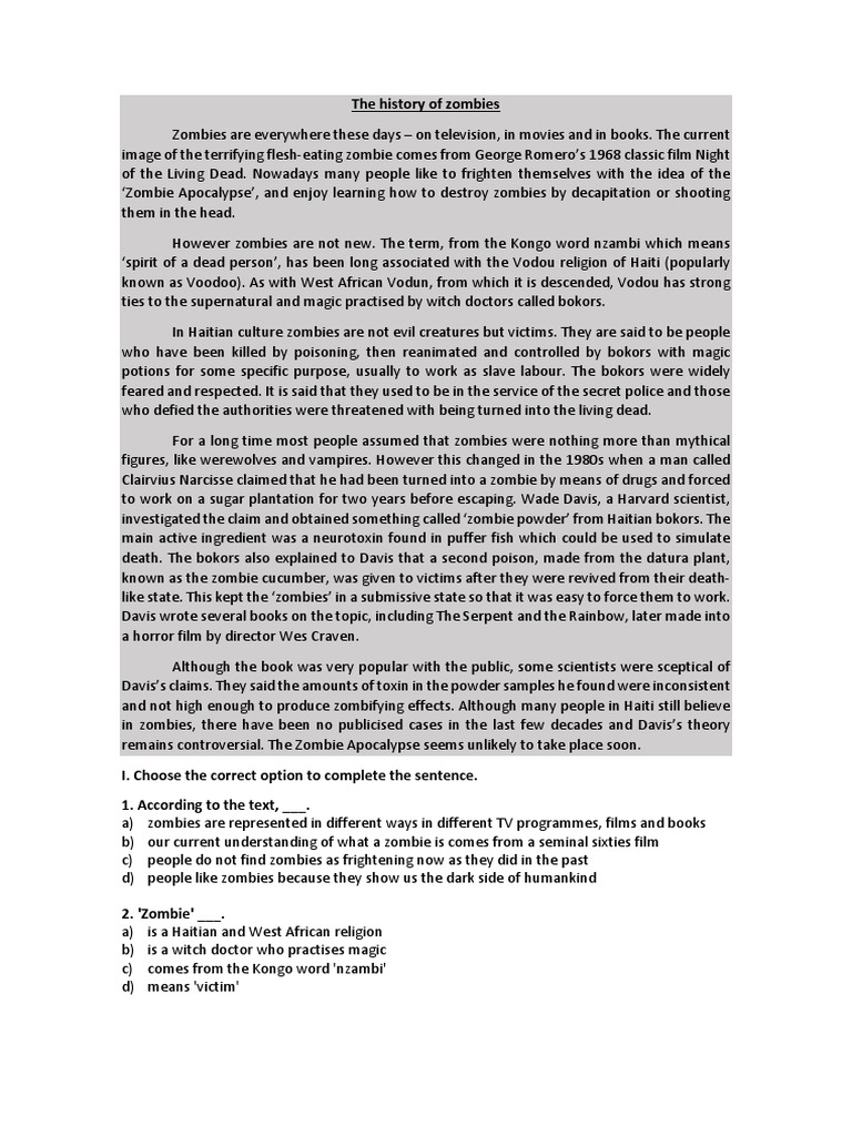 Reading Comprehension | PDF | Zombies | Haitian Vodou