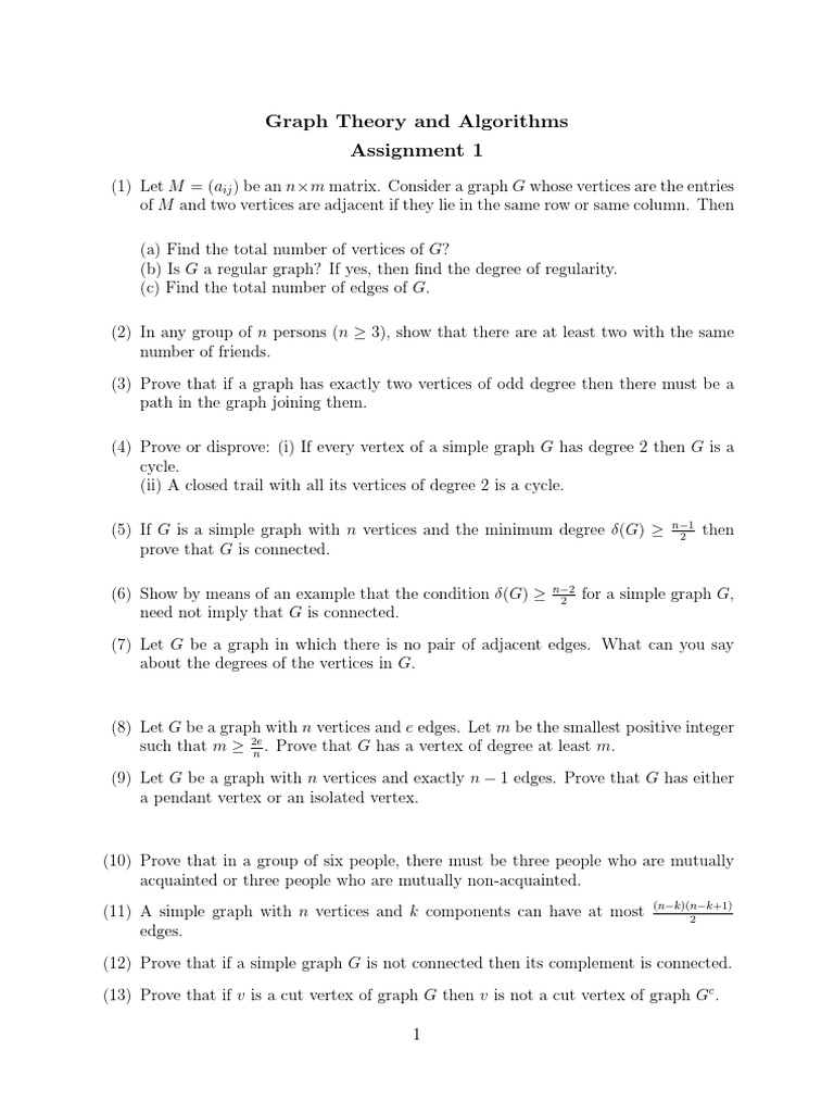 Graph Theory And Algorithms Assignment 1 Problems Pdf Vertex Graph 4937