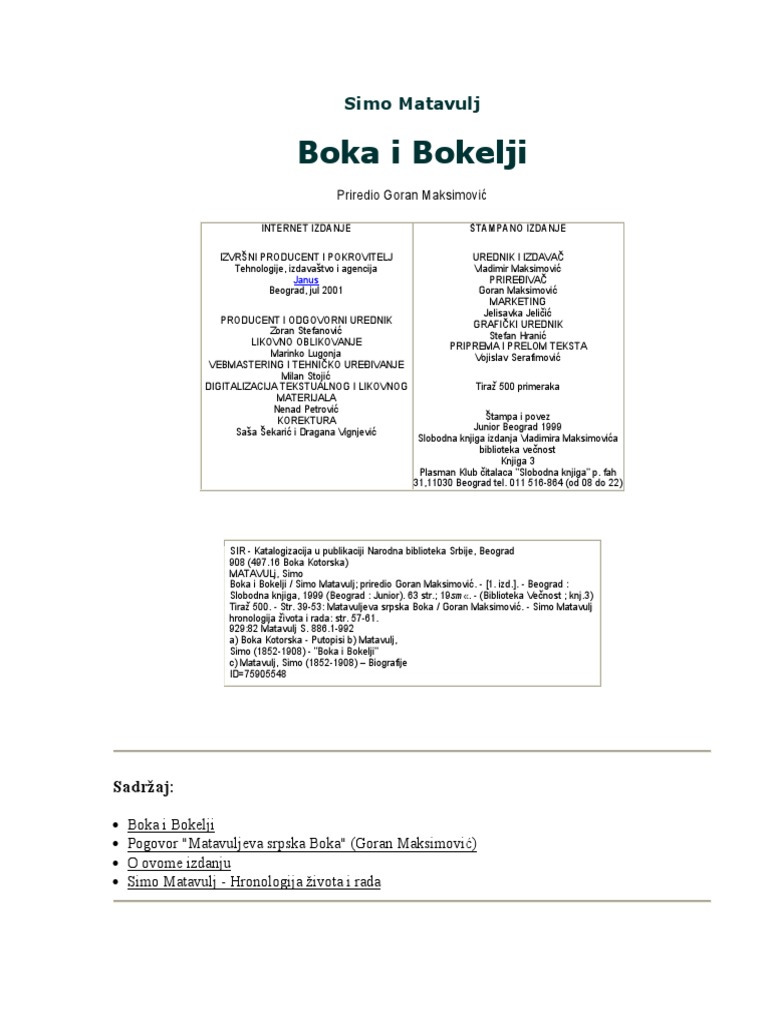 Simo Matavulj - Boka I Bokelji | PDF