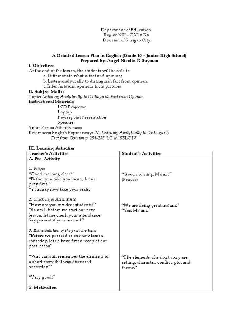 A Detailed Lesson Plan in English (Grade 10 - Junior High School ...