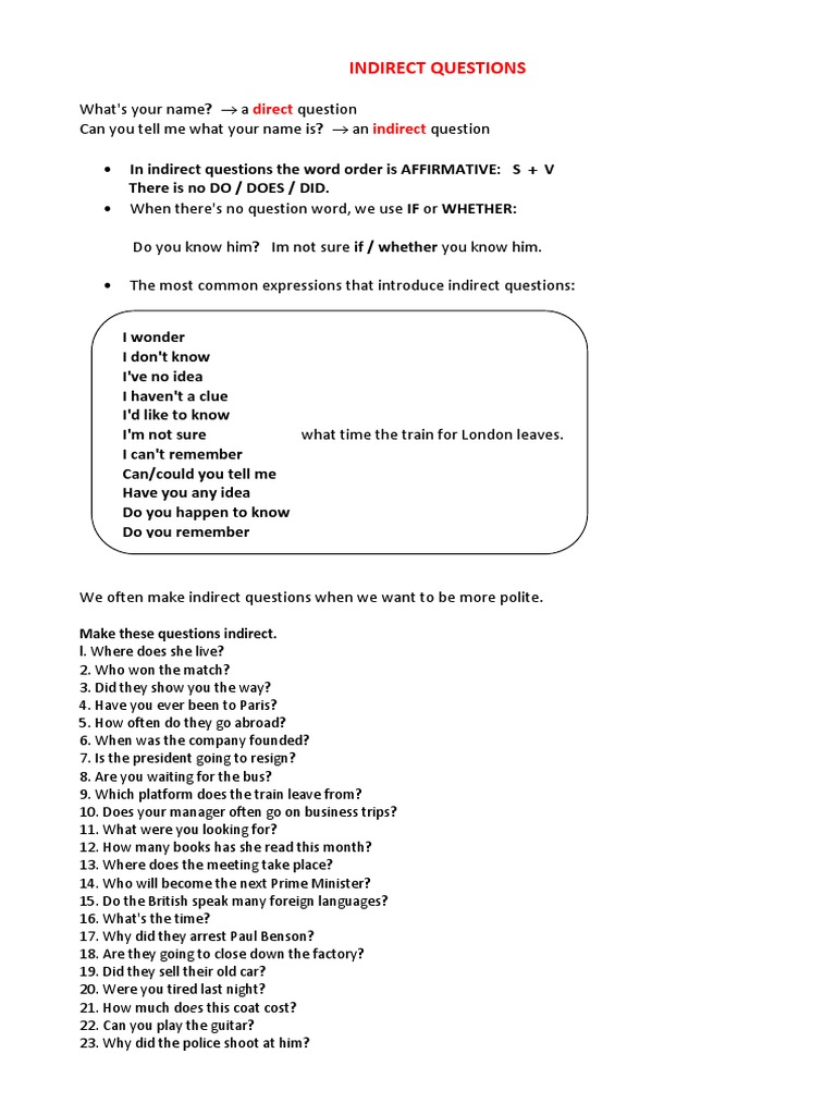 Making Indirect Questions: A Guide to Creating More Polite Question ...