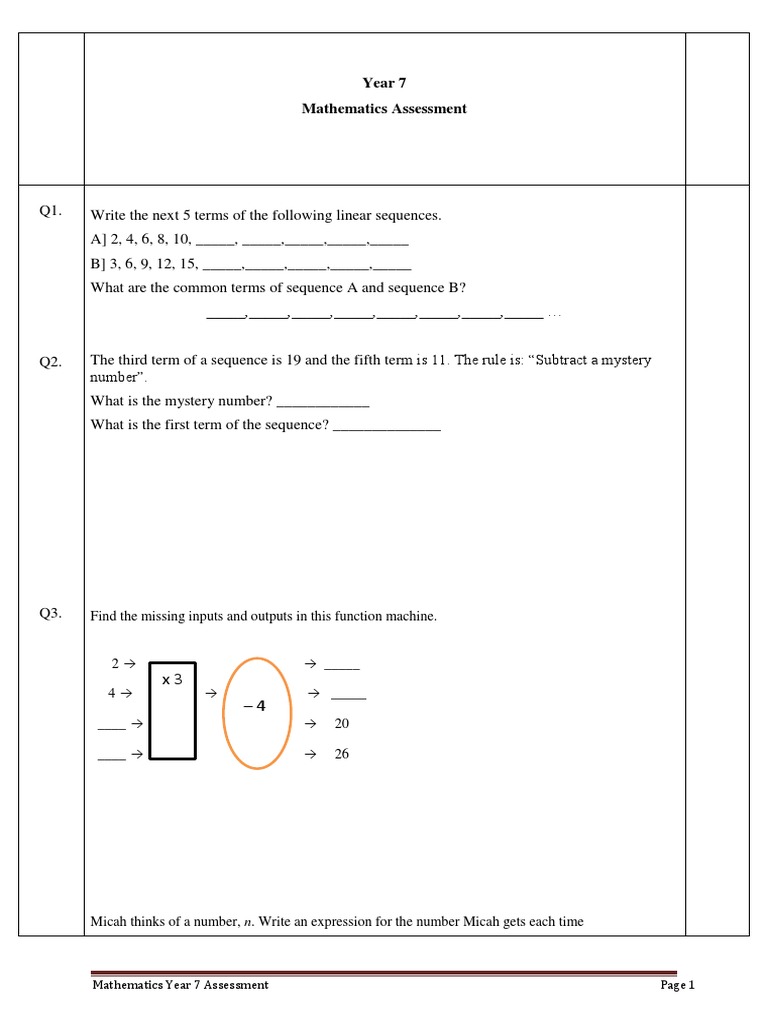 Year 7 Math Assessment | PDF | Fahrenheit | Teaching Mathematics