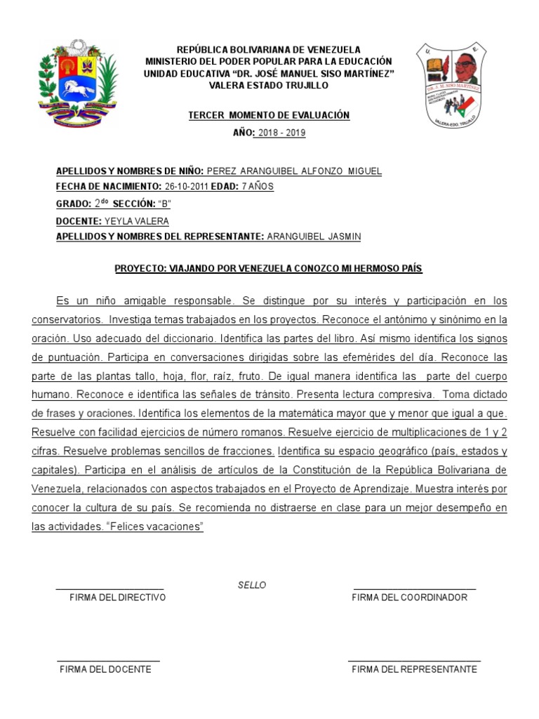 Boletas Segundo Momento 2 Grado Yeyla | PDF | Venezuela | Evaluación